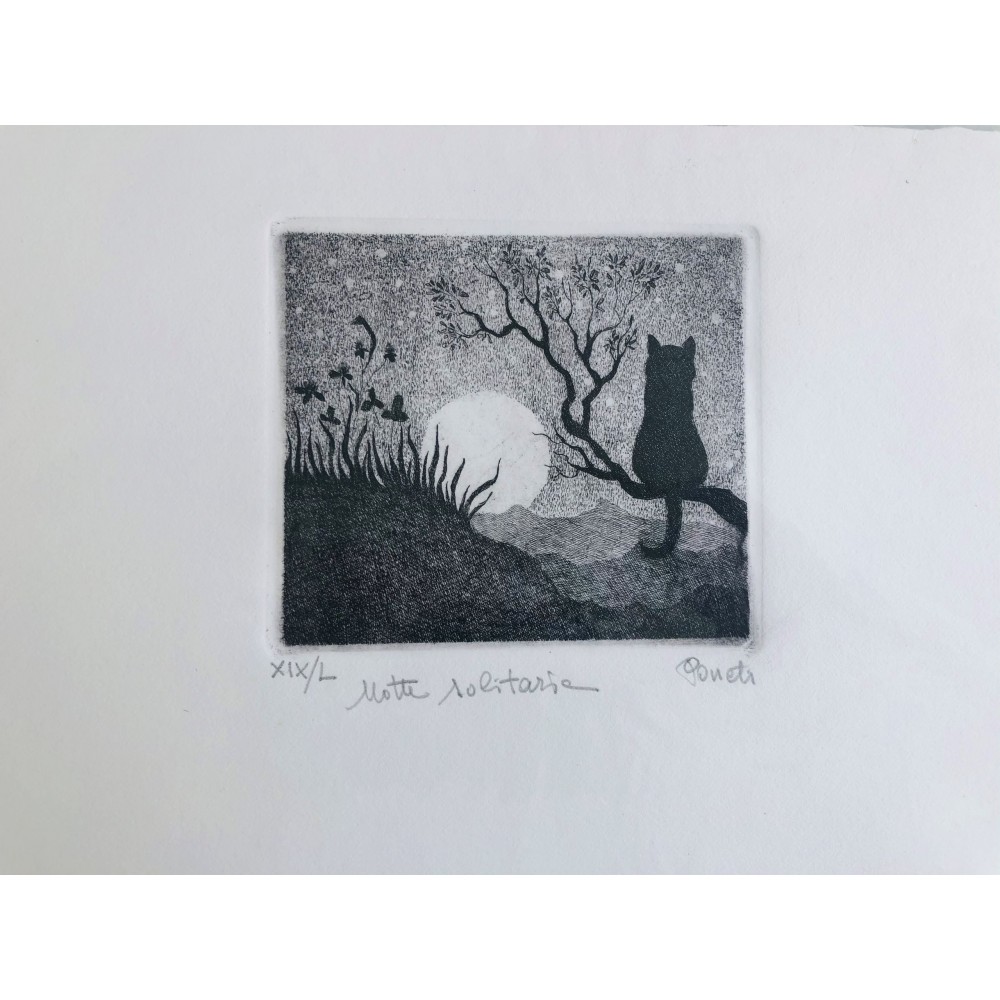 Original Italian Etching - Cat and the moon