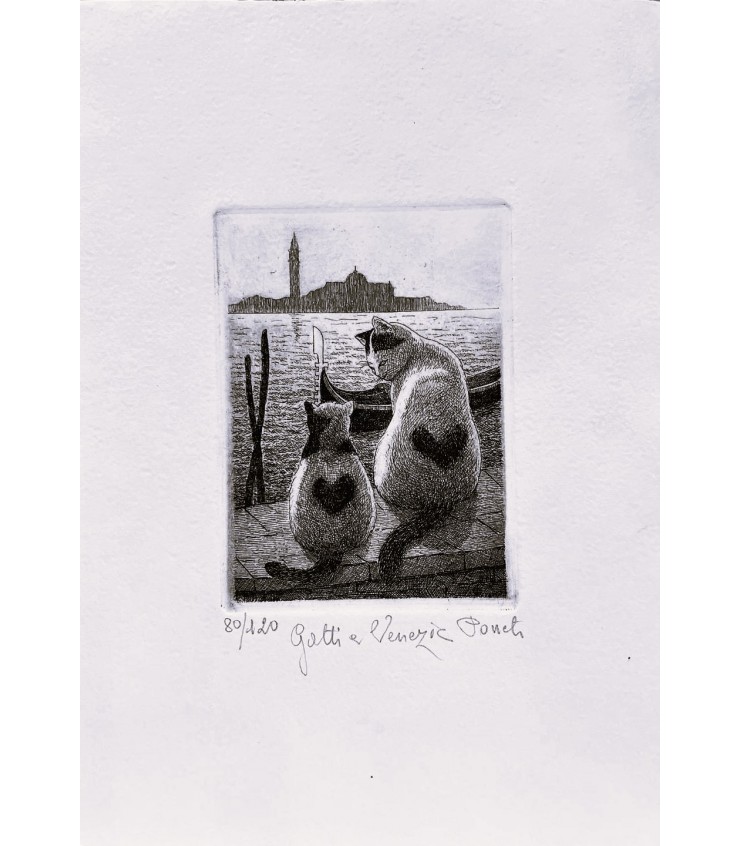Original Italian Etching - Cats in Venice